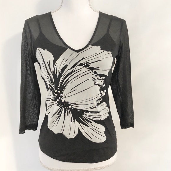Express | Tops | Express Womens Black White Sheer Jeweled Flower Top ...